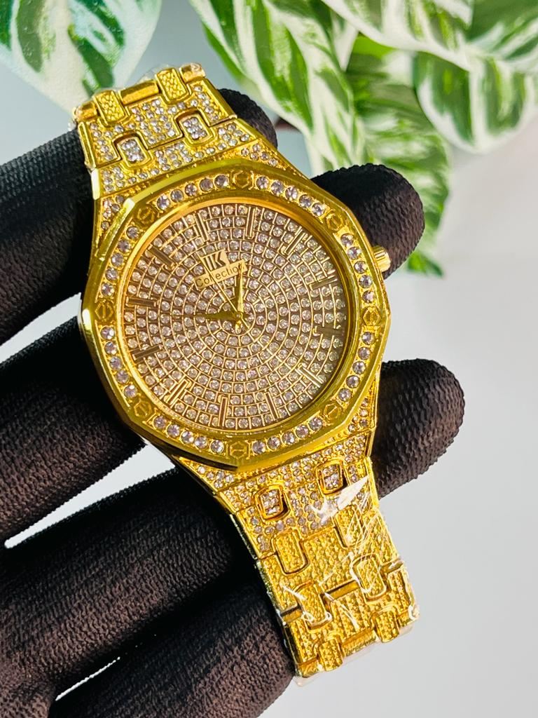 Gold Round Dial Stone Embedded Analog Watch For Men – World junctions